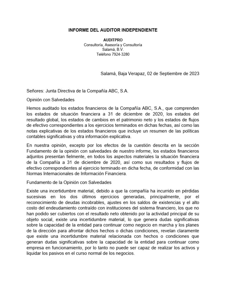 Opinion Con Salvedades 2 | PDF | Auditoría | Servicios financieros