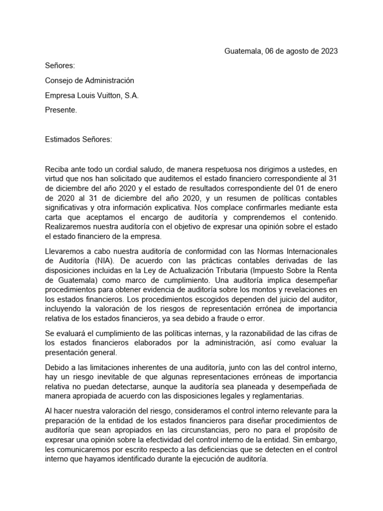 Carta de Encargo | PDF | Auditoría | Estado financiero