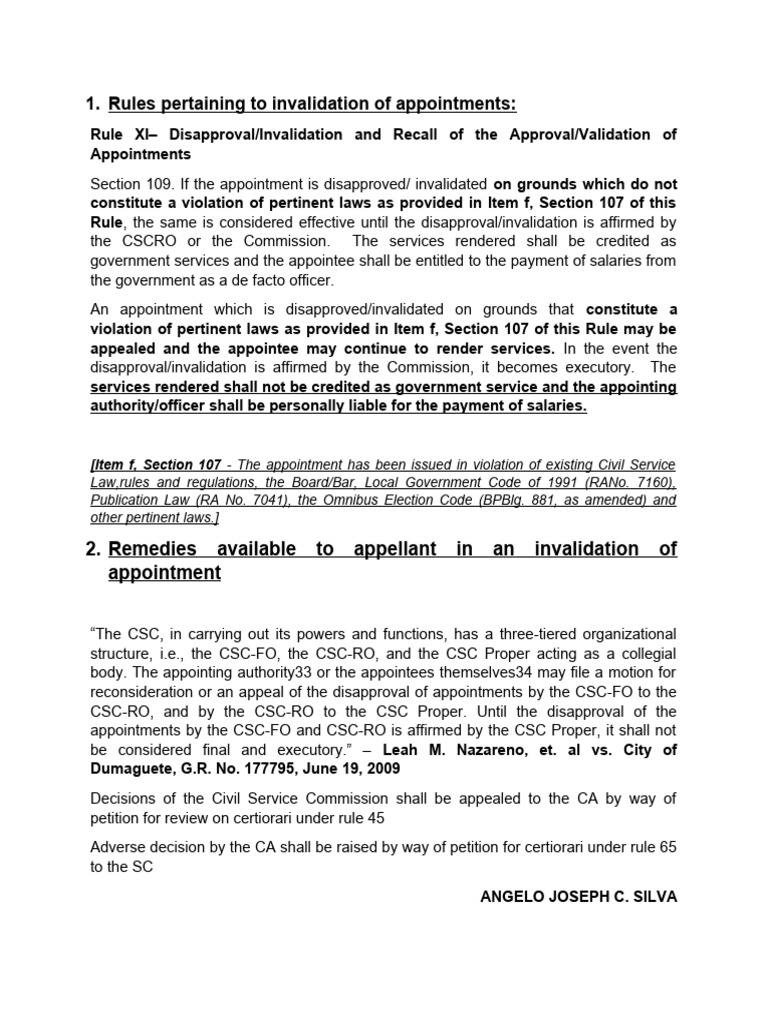 Notes On Invalidation of Appointment | PDF