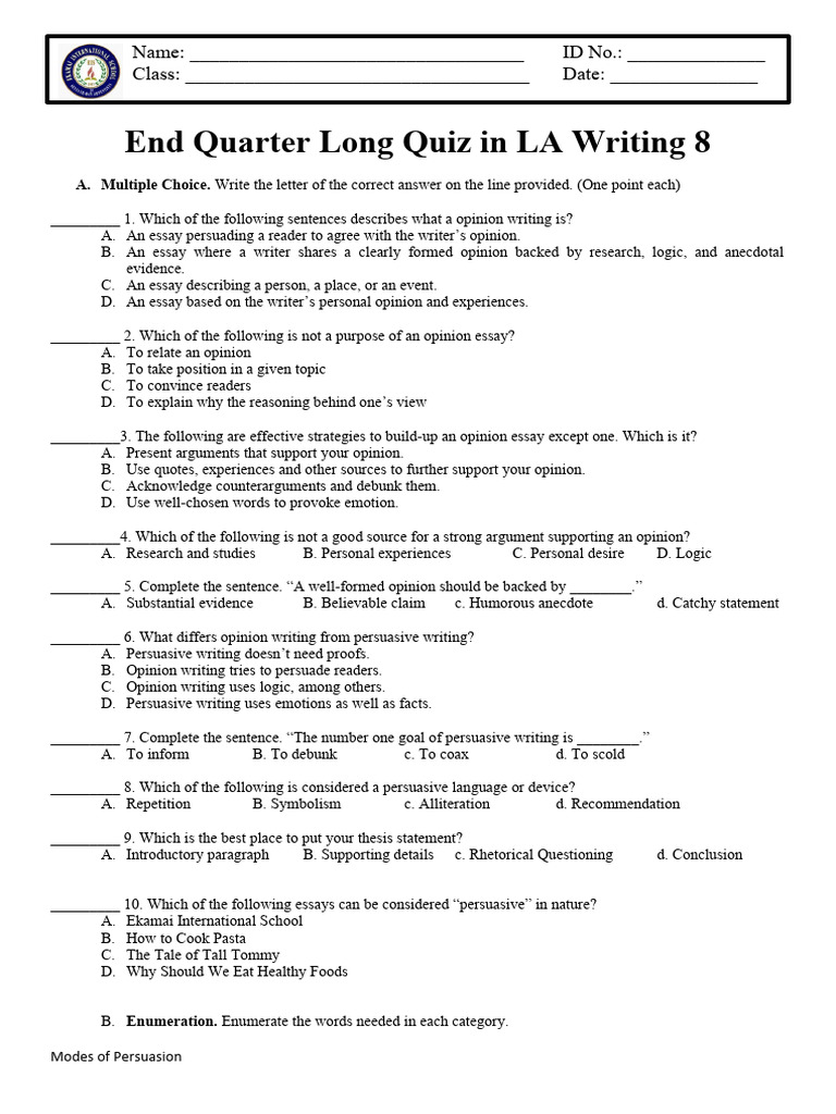 End Quarter Long Quiz in LA Writing 8 | PDF | Essays | Argument