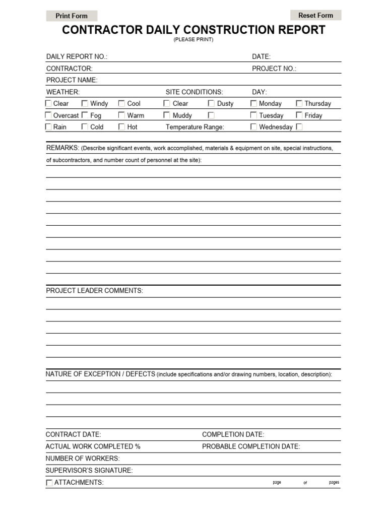 Blank Contractors Daily Report Interactive PDF Printable | PDF