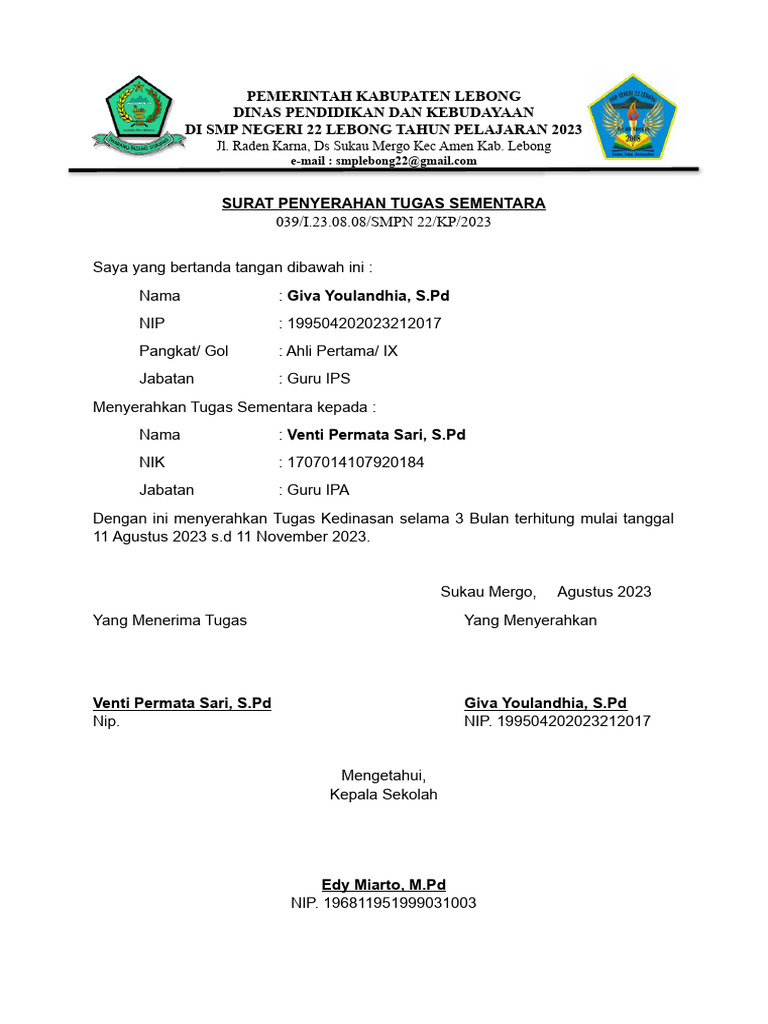 Surat Penyerahan Tugas Sementara | PDF