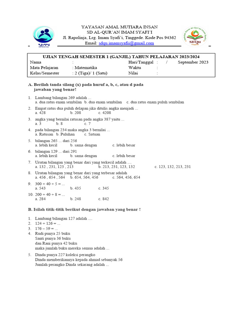 Soal Mid MTK Kls 2 Fix | PDF