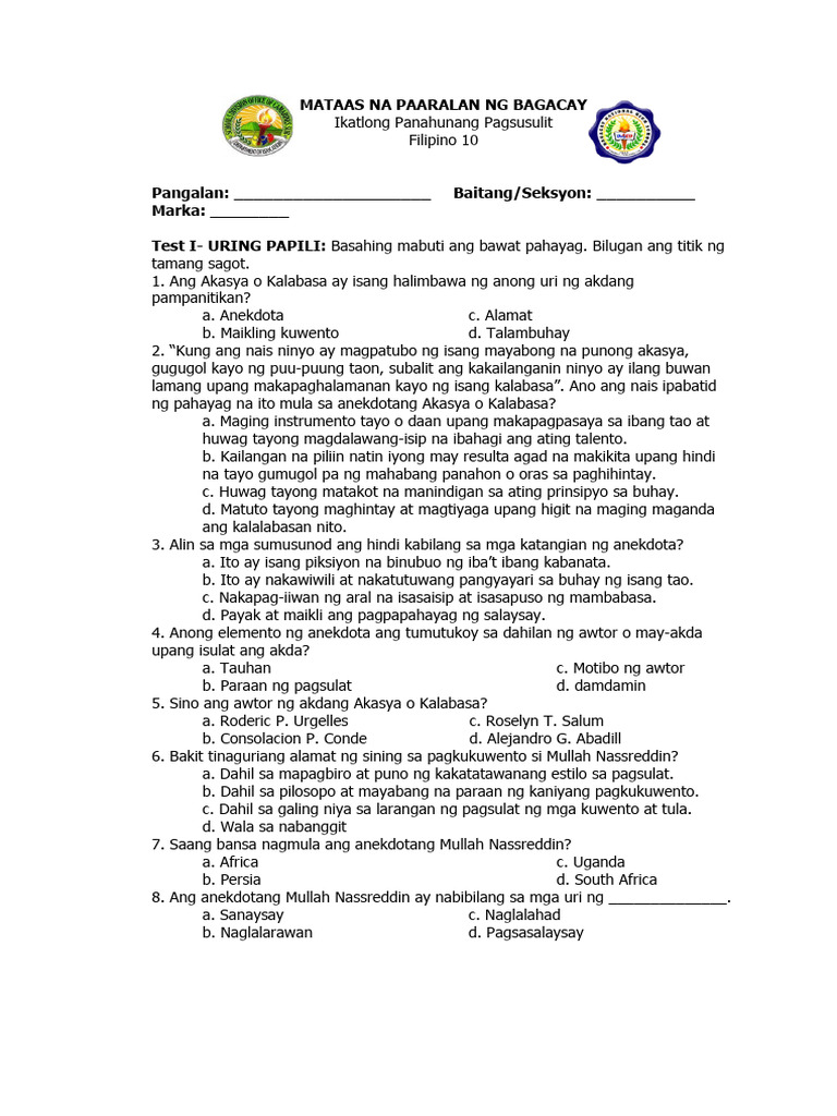 Pagsusulit Sa Filipino 10 (Ikatlong Markahan) | PDF