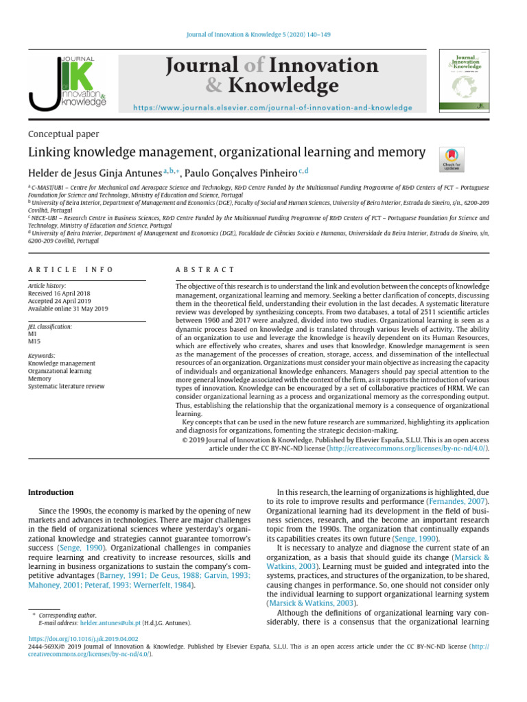 Linking Knowledge Management, Organizational Learning and Memory | PDF ...