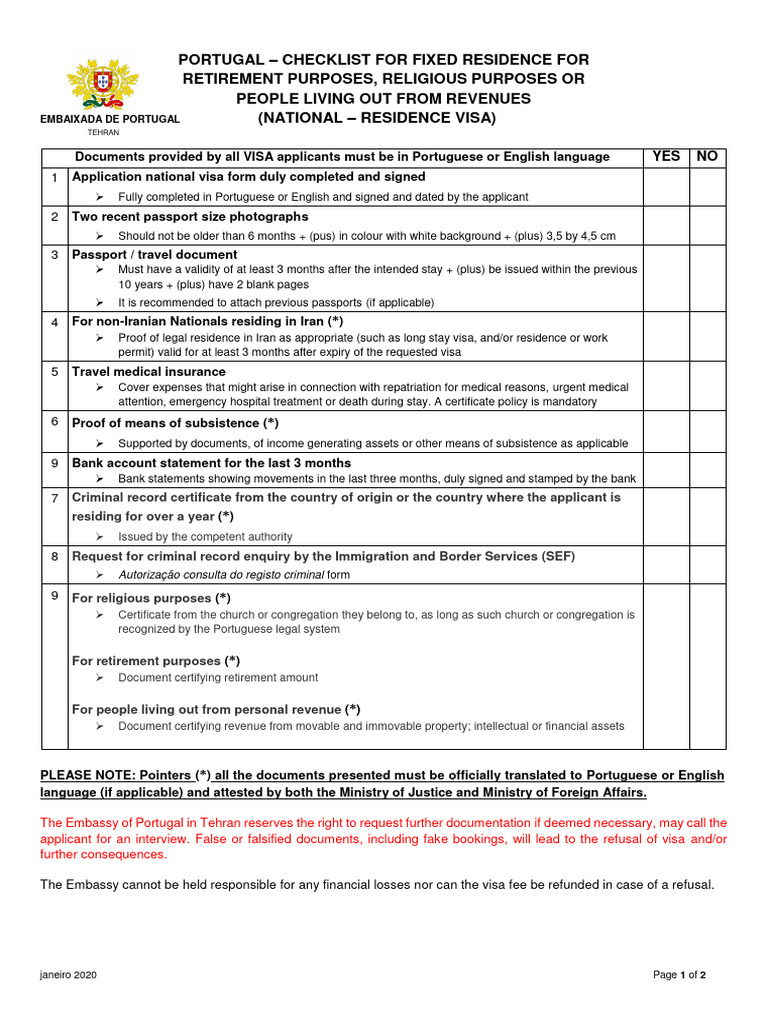 Portugal Checklist For Fixed Residence | PDF | Travel Visa | Passport