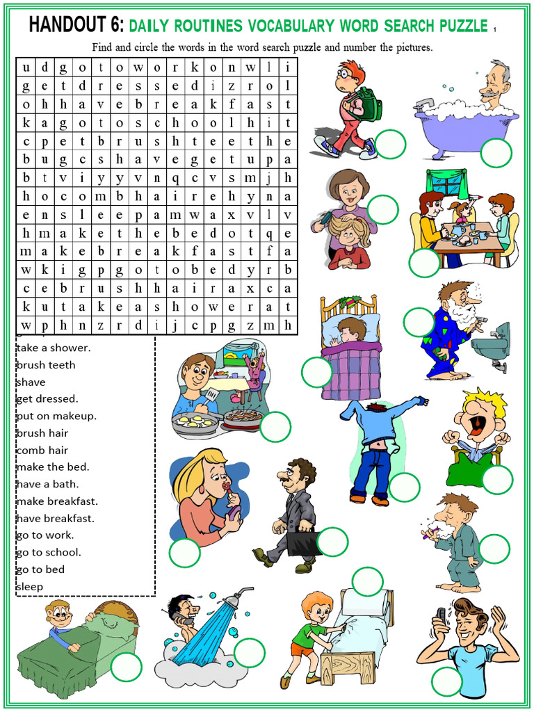 HANDOUT 6 - Daily Routines - Word Search Puzzle For FIRST GRADE | PDF