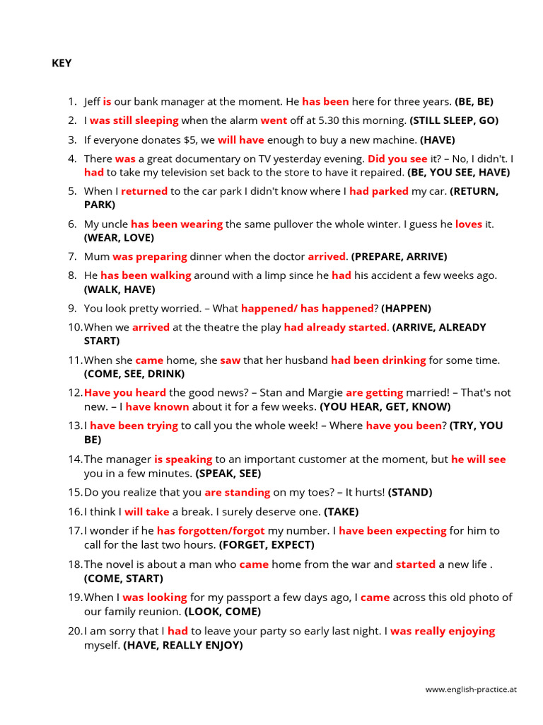 Tenses Practice Key | PDF