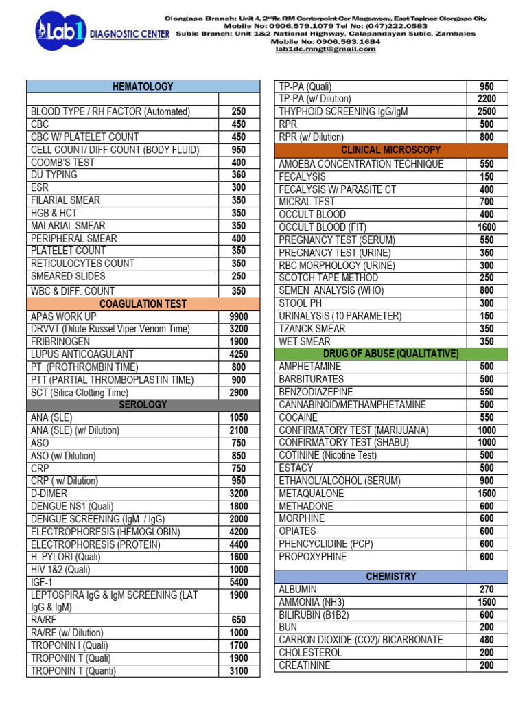 Philippine Lab Test Price List 2023 | PDF | Medical Specialties ...