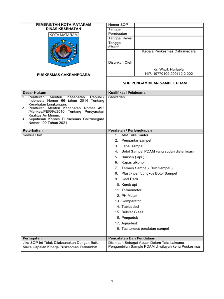 SOP Pengambilan Sample Pdam | PDF