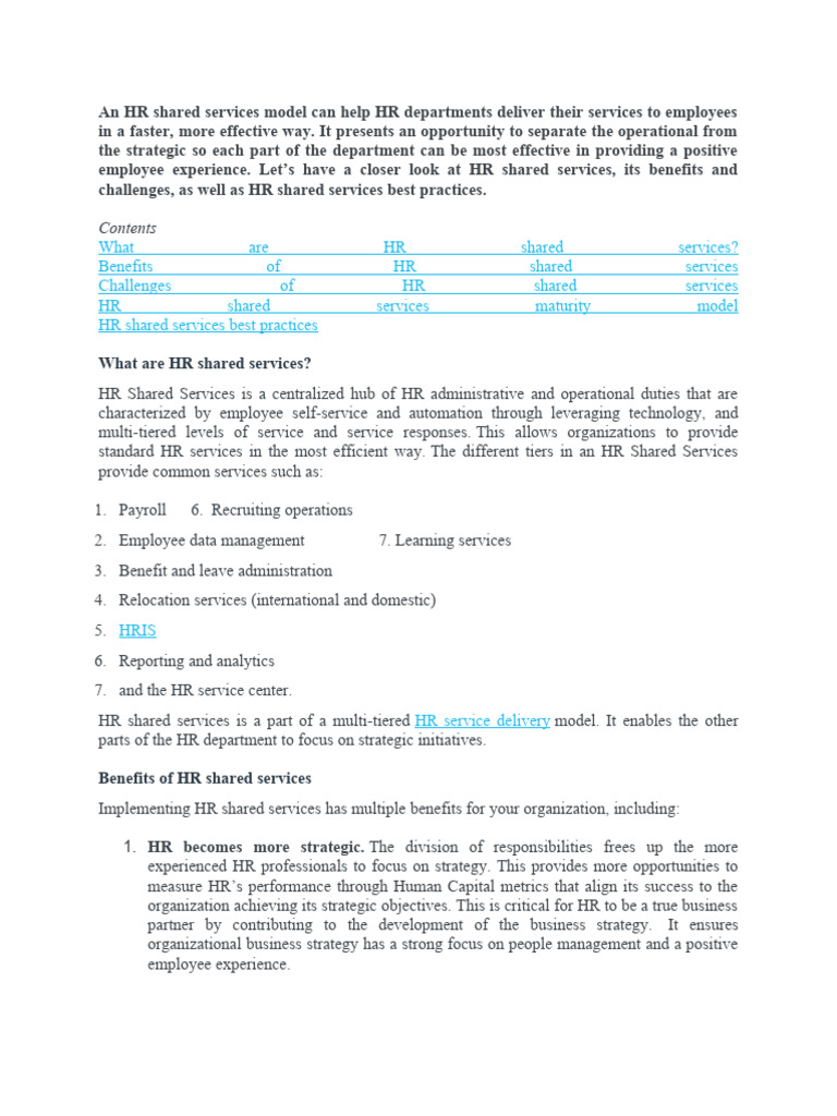 HR Shared Services: Benefits and Challenges | PDF | Employment | Business