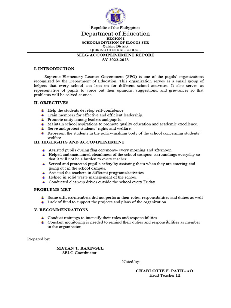 SELG Accomplishment Report SY 2022-2023 | PDF