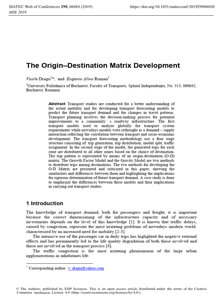 The Origin Destination Matrix Development Pdf Economies Transport