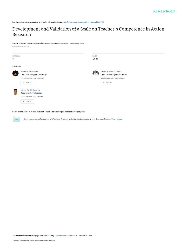 Development and Validation of A Scale On Teacher's Competence in Action Research | PDF | Factor ...