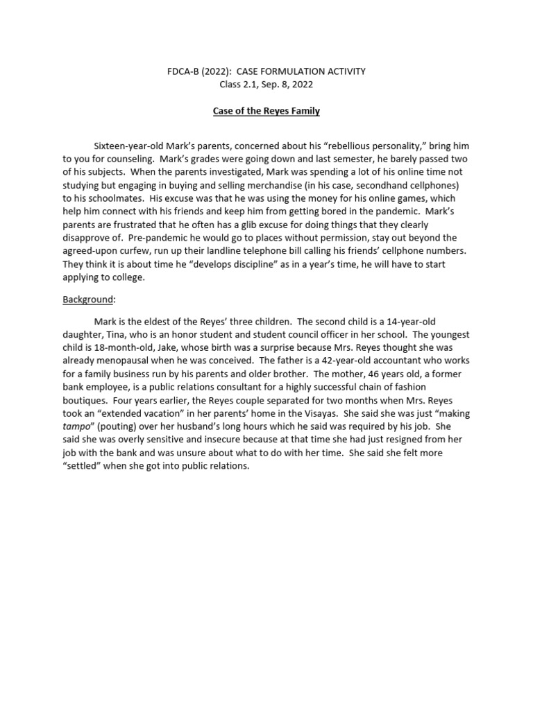 H2.10b Case Formulation Activity-Reyes Family (Rev) | PDF