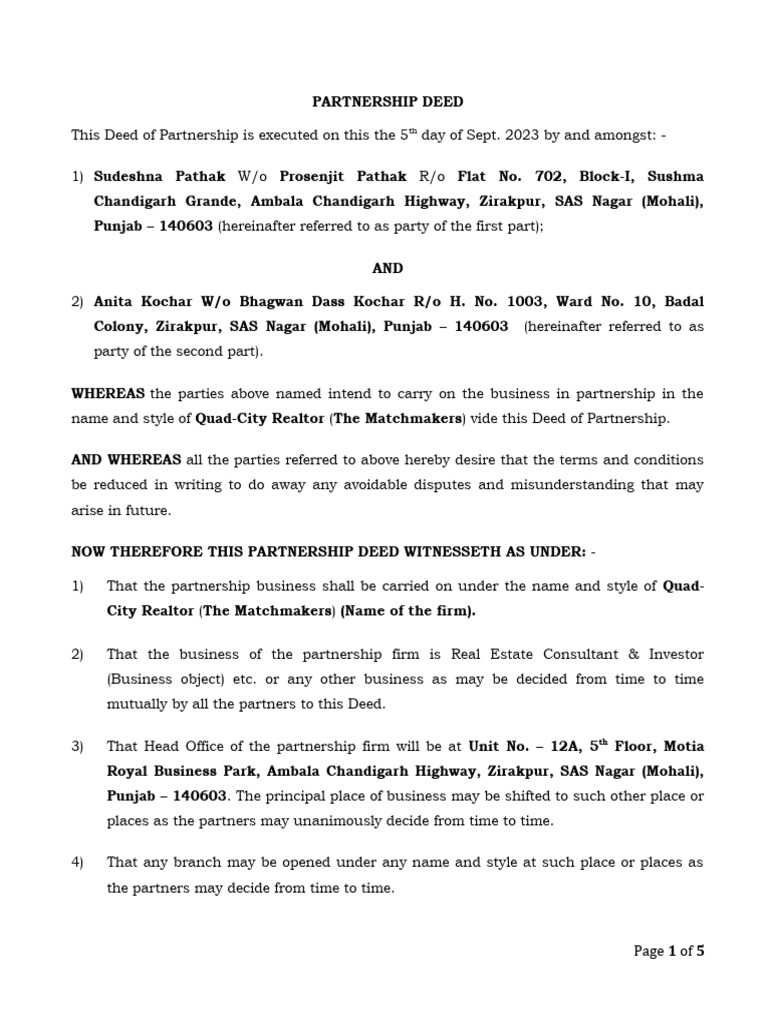 Format of Partnership Deed | PDF | Partnership | Law And Economics