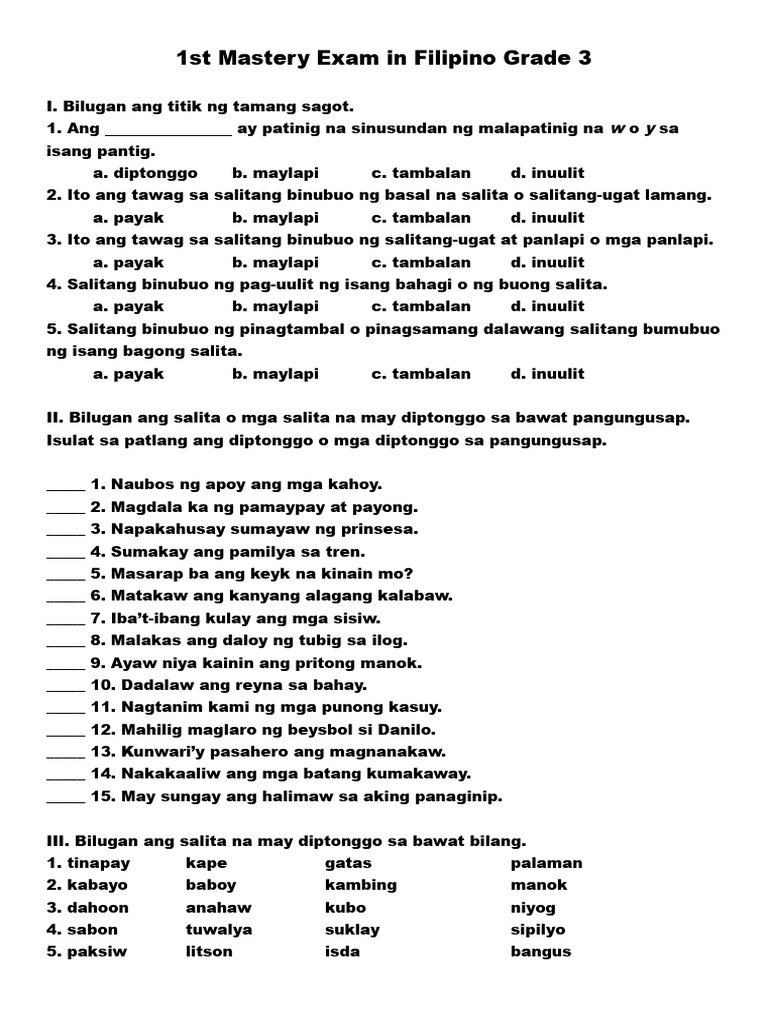 1st Mastery Exam in Filipino Grade 3 | PDF