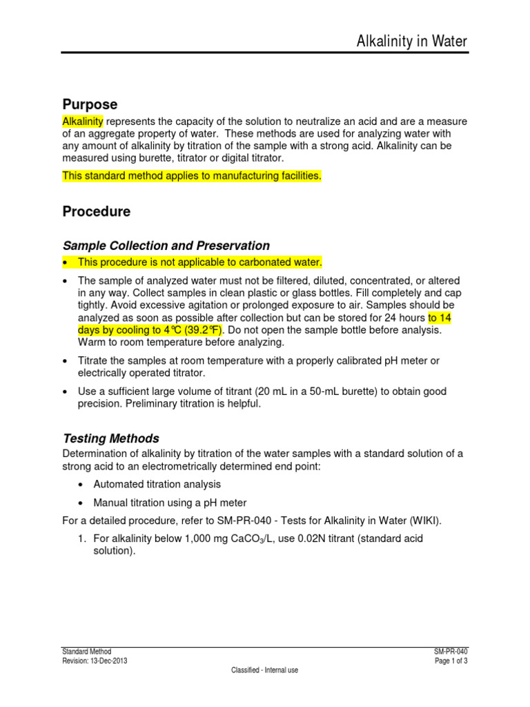 Water Alkalinity Titration Method | PDF | Titration | Chemistry