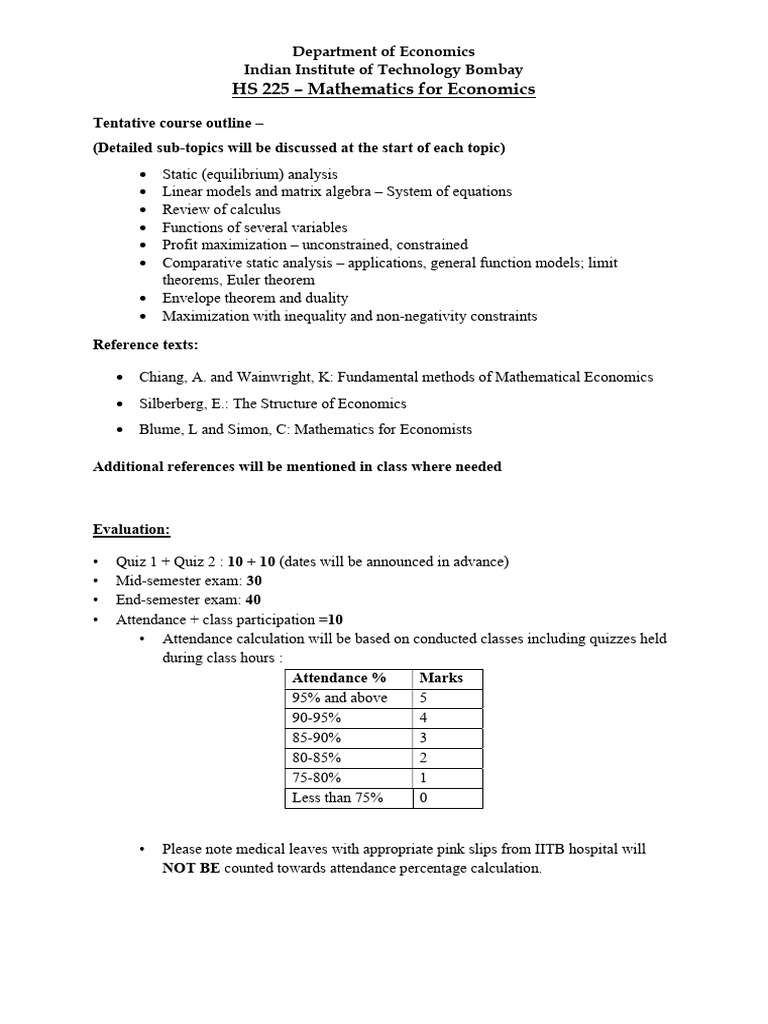 Course Outline | PDF | Mathematical Economics | Mathematics