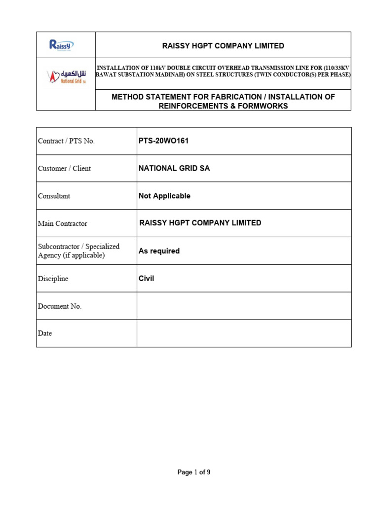 Method Statement Installation Of Reinforcement And Formworks Pdf