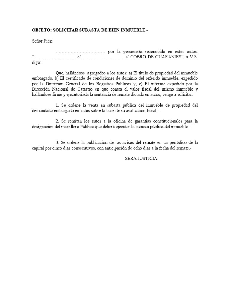 Objeto: Solicitar Subasta de Bien Inmueble. | PDF