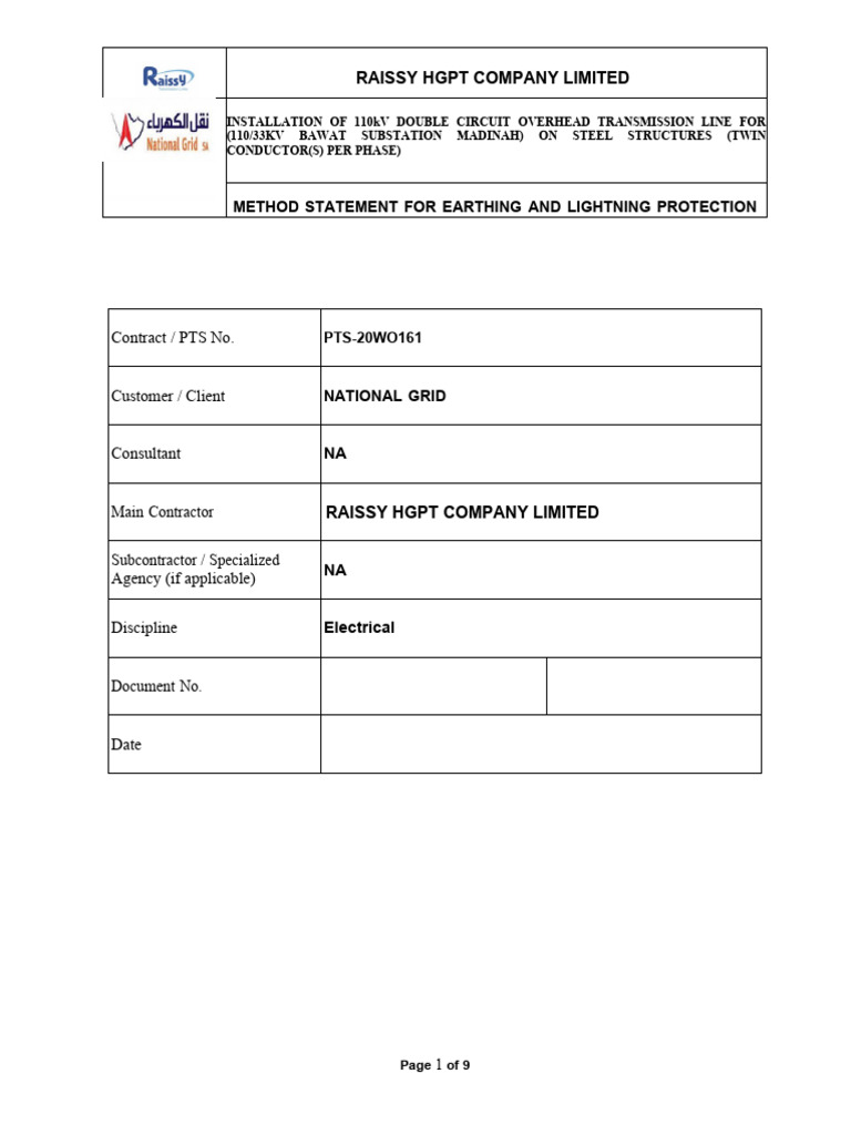 Method Statement - Earthing & Lightning Protection | PDF | Electrical Substation | Electric ...