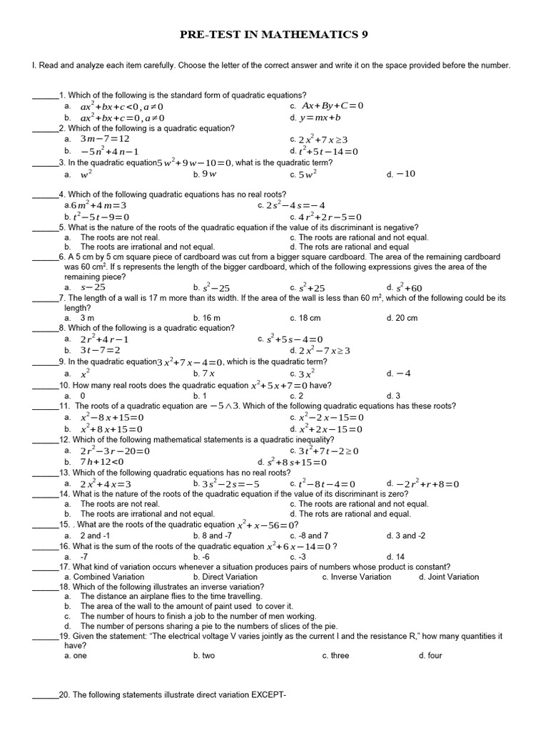 Pretest Math9 | PDF | Mathematics | Mathematical Objects