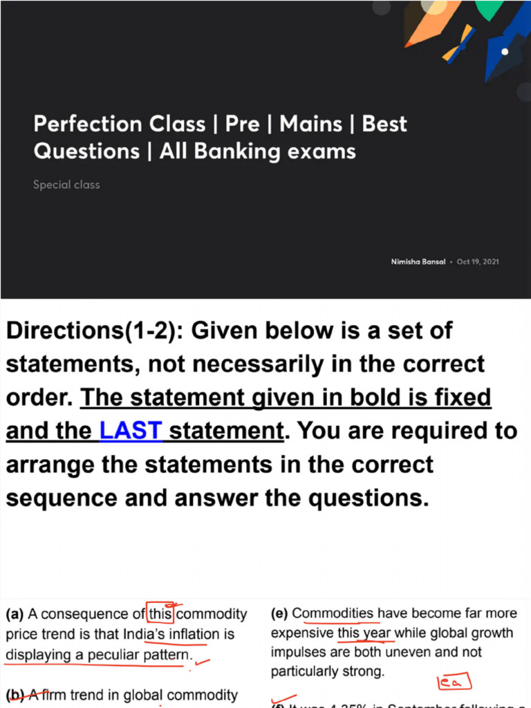 Perfection Class Pre Mains Best Questions All Banking Exams With Anno | PDF