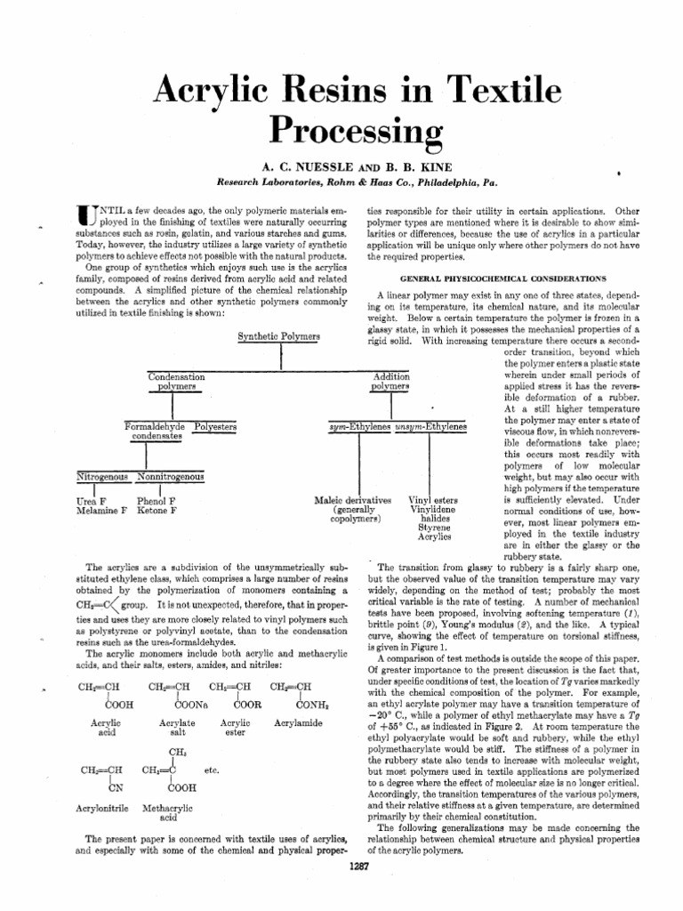 Acrylic Resin in Textile Processing | PDF | Polymers | Textiles