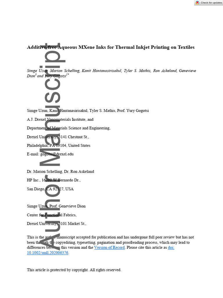 Additive-Free Aqueous MXene Inks For Thermal Inkjet Printing On ...