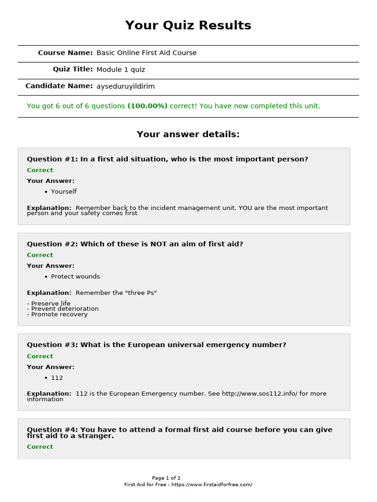 First Aid Module 1 Quiz Results | PDF | First Aid | Safety