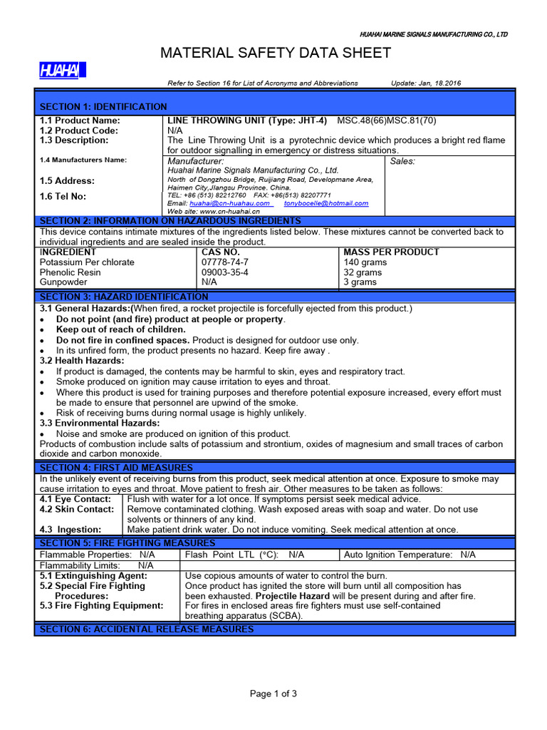 175g-Line Throwing Unit JHT-4 (1) Msds | PDF | Fires | Combustion
