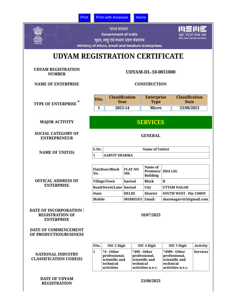 Print - Udyam Registration Certificate | PDF | Computing