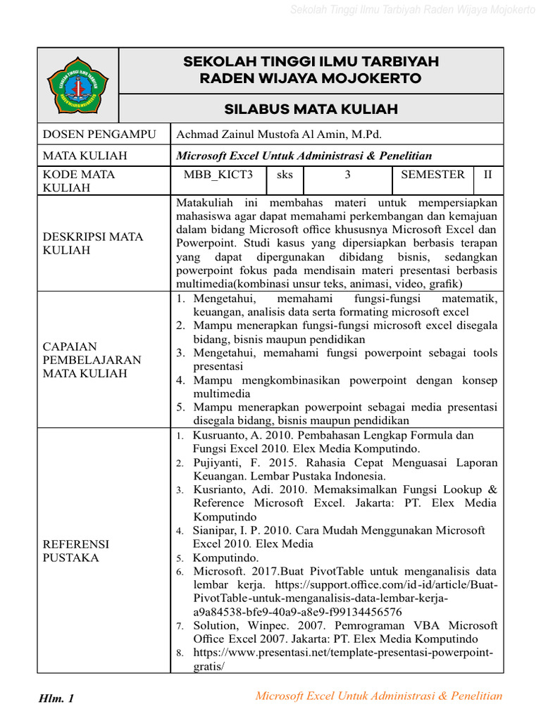 Silabus MK Excel Smt.2 - STIT Raden Wijaya Mojokerto | PDF