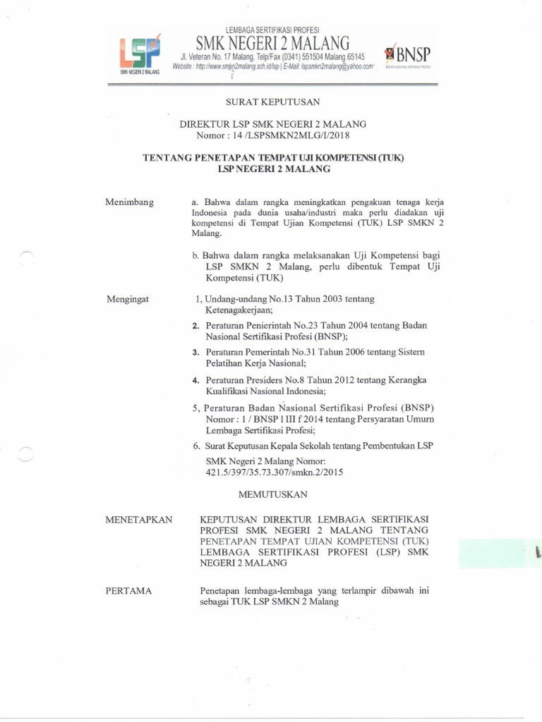 Contoh SK Penetapan TUK | PDF