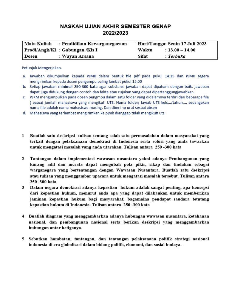 NASKAH UJIAN AKHIR PKN SEMESTER GENAP | PDF
