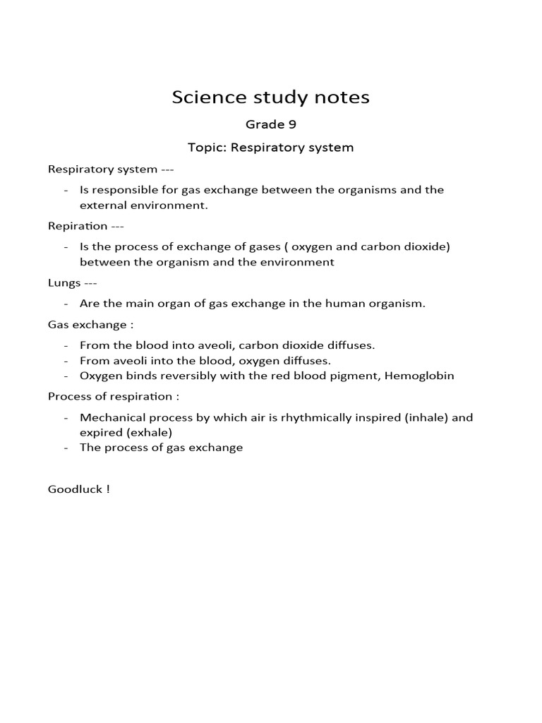 Science Study Notes (respiratory System) | Pdf