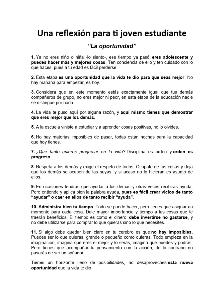 Una Reflexión para Ti Joven Estudiante | PDF