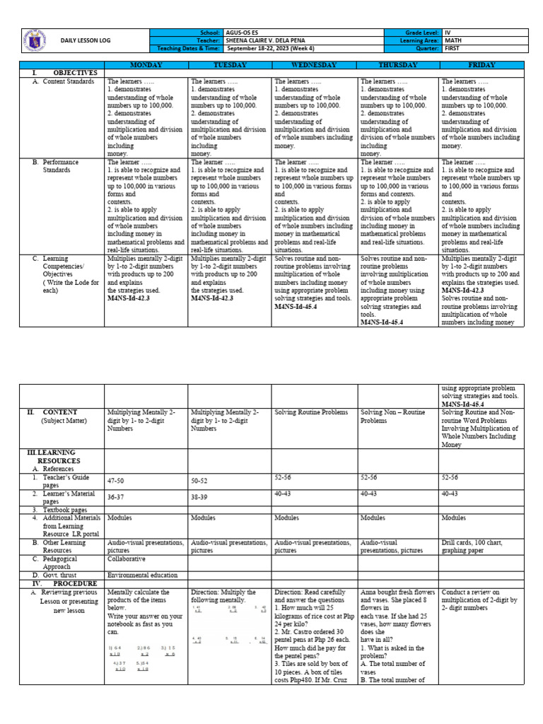 Week 4 MATH | PDF | Multiplication | Learning