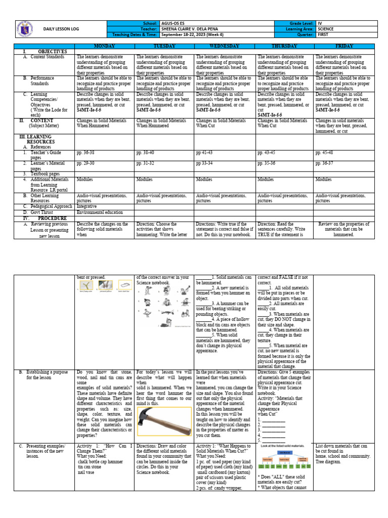 Changes in Solid Materials Lesson Plan | PDF | Shape | Ductility