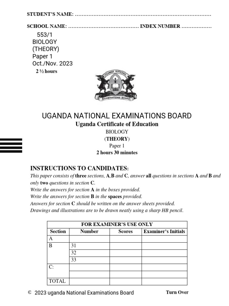 UNEB Biology Mock Exam Paper 2023 | PDF | Dominance (Genetics) | Oxygen