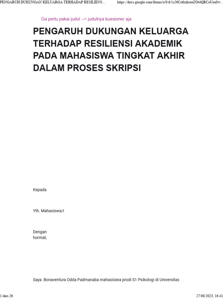 Dukungan Keluarga dan Resiliensi Akademik Mahasiswa Skripsi | PDF
