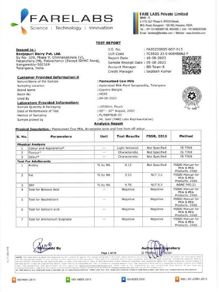 Cow Milk Test Report | PDF