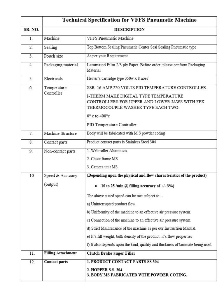 VFFS Pneumatic Machine Specifications | PDF | Machines | Equipment