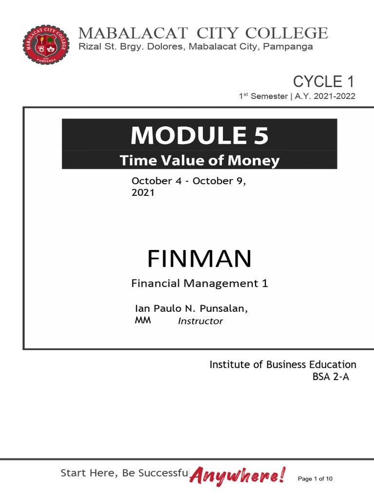FINMAN1 Module5 | PDF | Present Value | Time Value Of Money