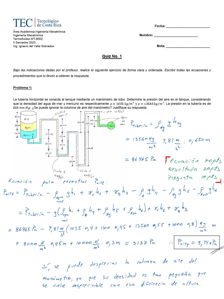 Quiz 1 Termofluidos - Solucion | PDF | Ciencias fisicas | Líquidos