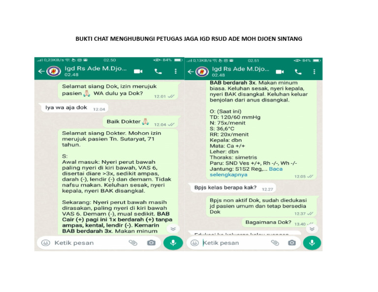 Bukti Chat Menghubungi Petugas Jaga Igd Rsud Ade Moh Djoen Sintang | PDF
