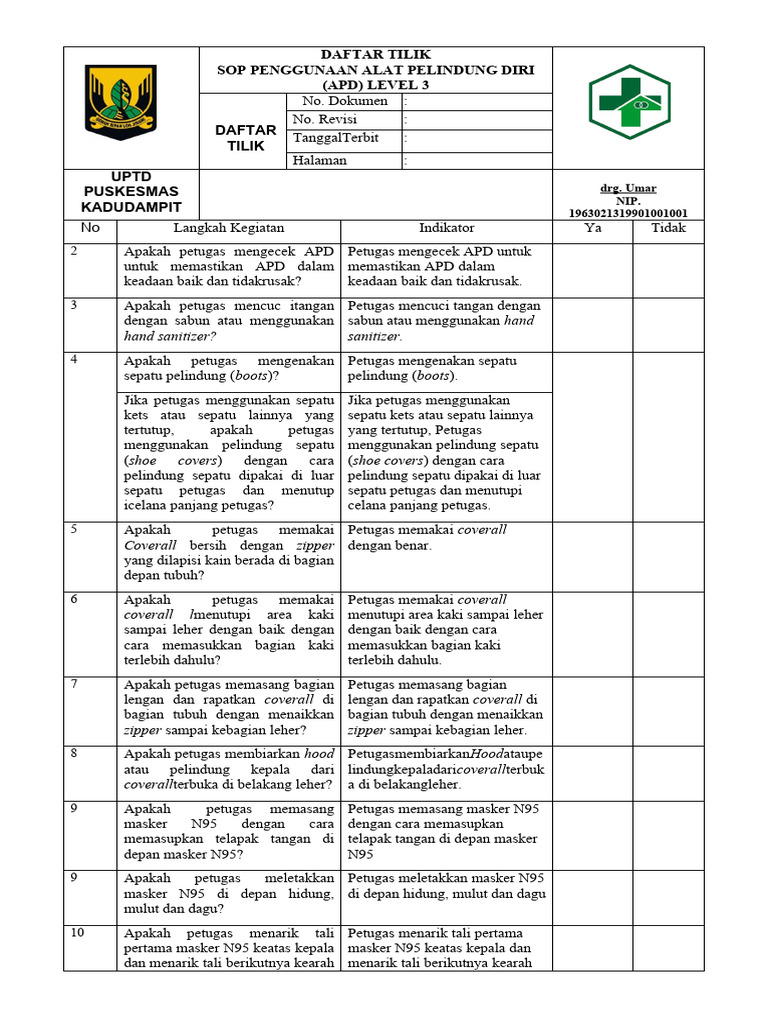 Daftar Tilik Apd Level 3 | PDF