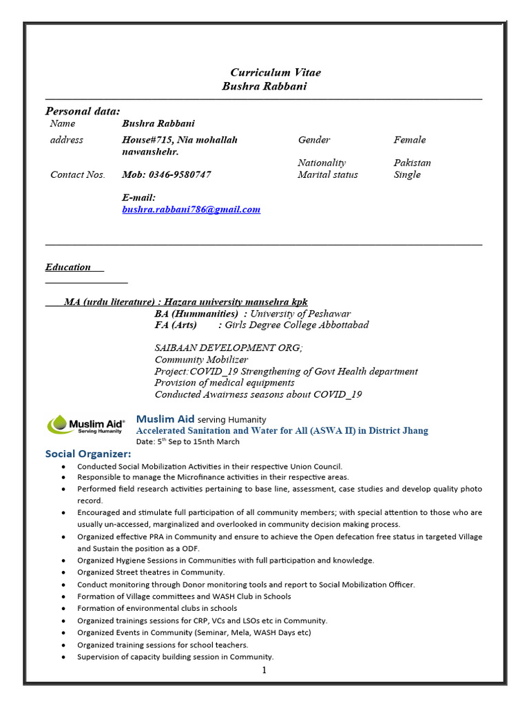 Bushra Updated CV | PDF | Wash