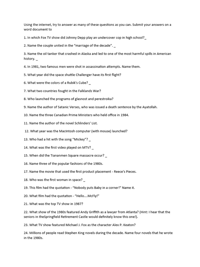 1980s Internet Scavenger Hunt Quiz | PDF | Travel | History